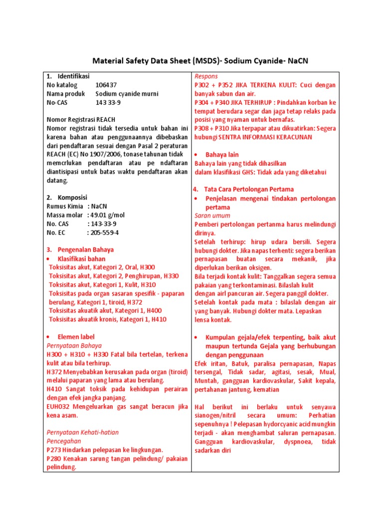 Material Safety Data Sheet (MSDS) - Sodium Cyanide - Nacn: 1 ...