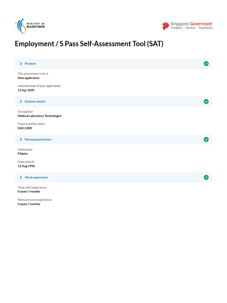 MOM - Employment / S Pass Self Assessment Tool (SAT) | PDF