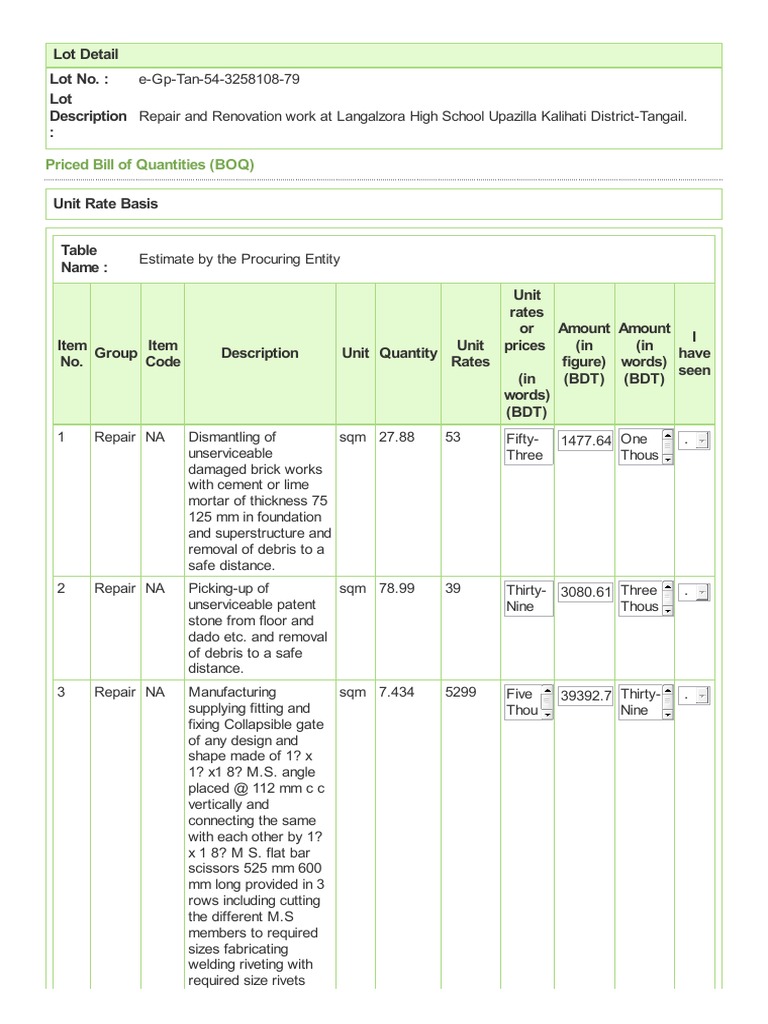 Priced Bill of Quantities (BOQ) : Lot Detail Lot No.: Lot Description ...