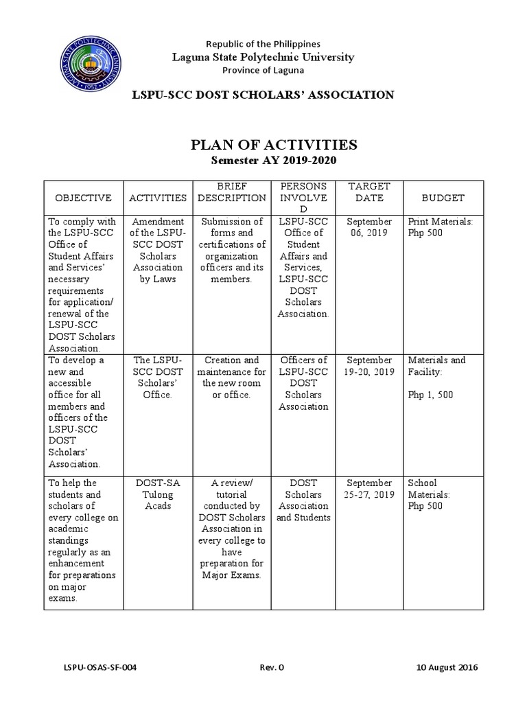 Plan of Activities: Lspu-Scc Dost Scholars' Association | PDF ...