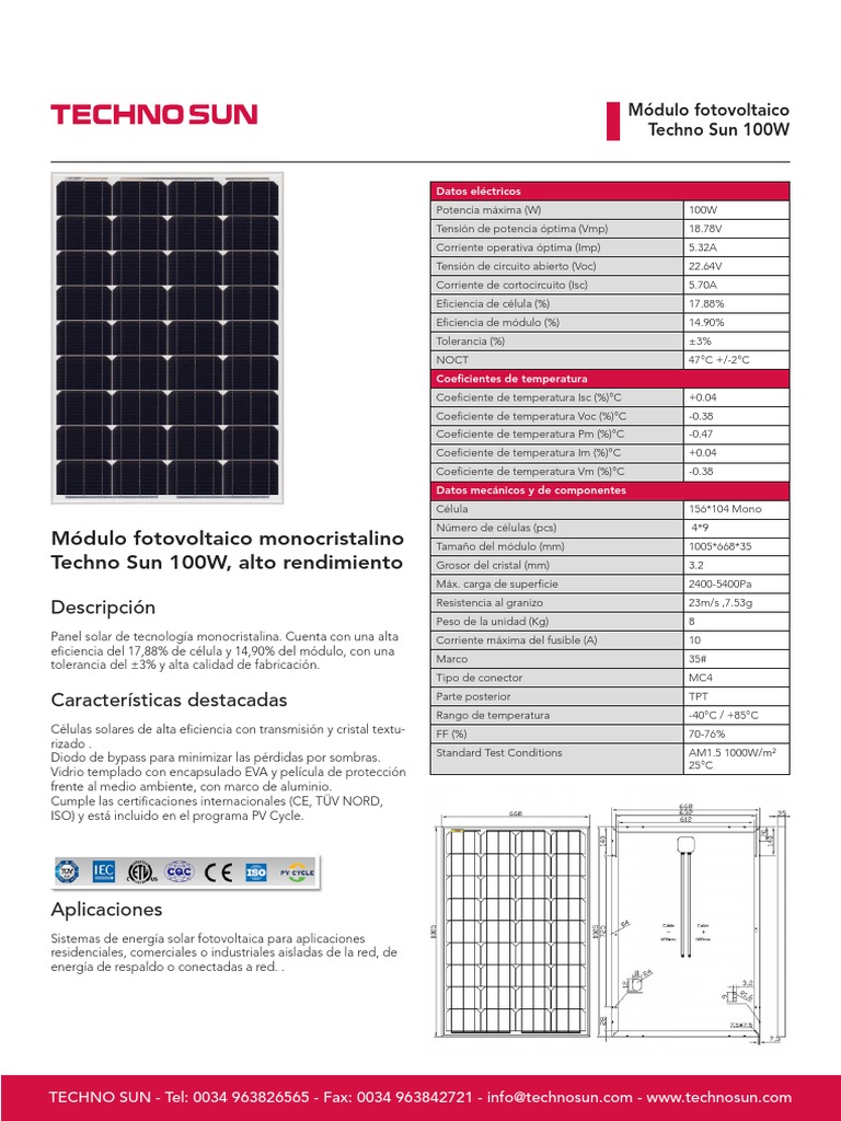 TECHNO SUN Panel Solar 100W Ficha ES PDF | PDF | Fotovoltaica | Energía ...