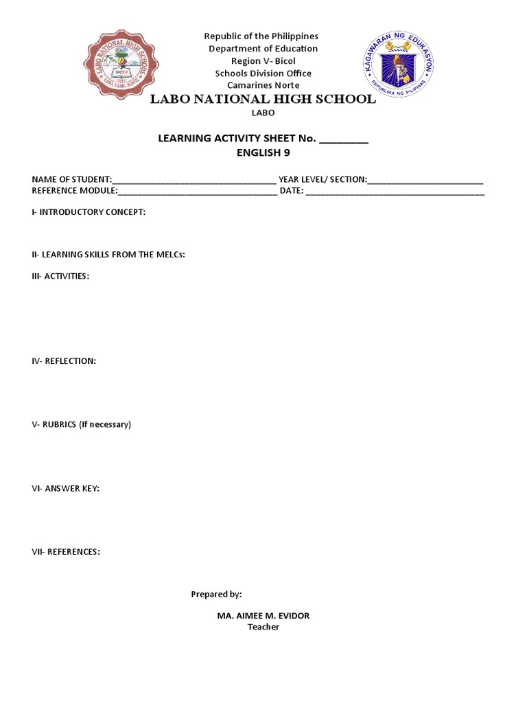 Labo National High School: Learning Activity Sheet No. - English 9 | PDF