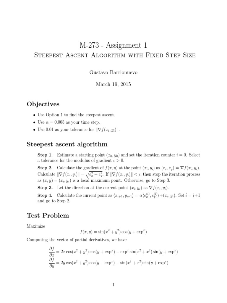 M 273 Assignment 1 Steepest Ascent Algorithm With Fixed Step Size Pdf Algorithms