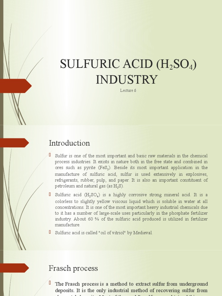 Lecture 6 (H2SO4 Plant) | PDF | Sulfuric Acid | Sulfur