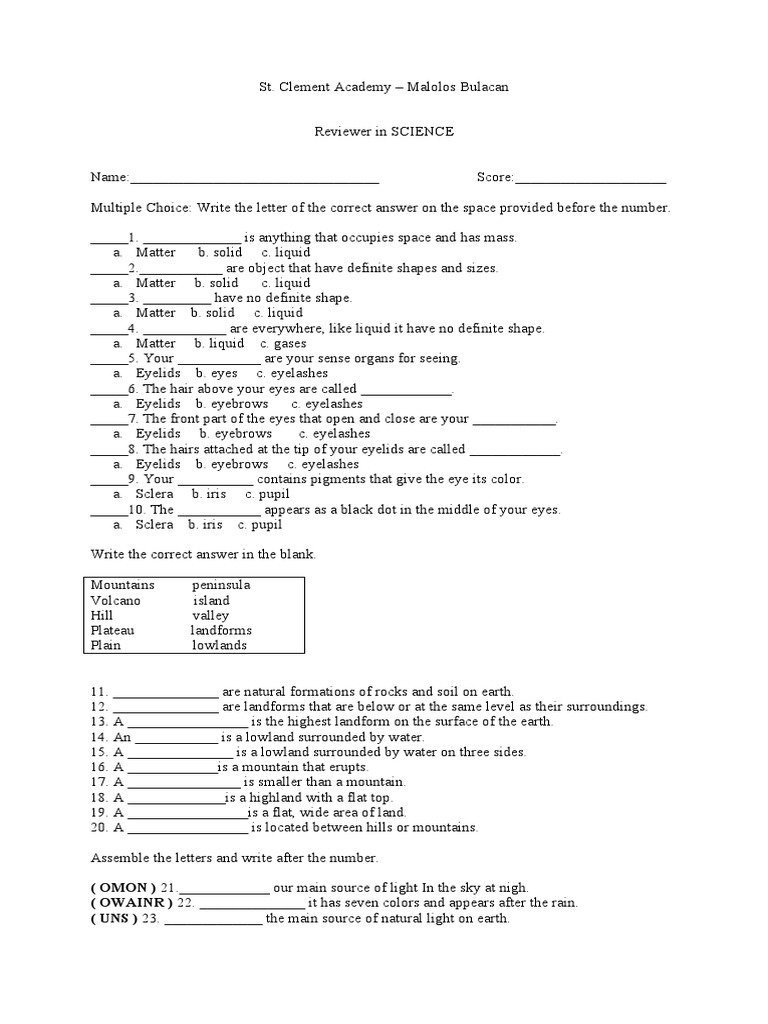 Sca - EXAM - GRADE3 | PDF | Matter | Mountains