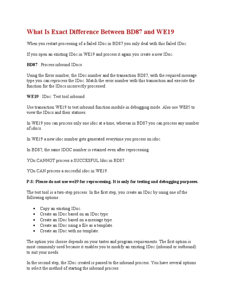 What Is Exact Difference Between BD87 and WE19 (IDOC Debug) | PDF