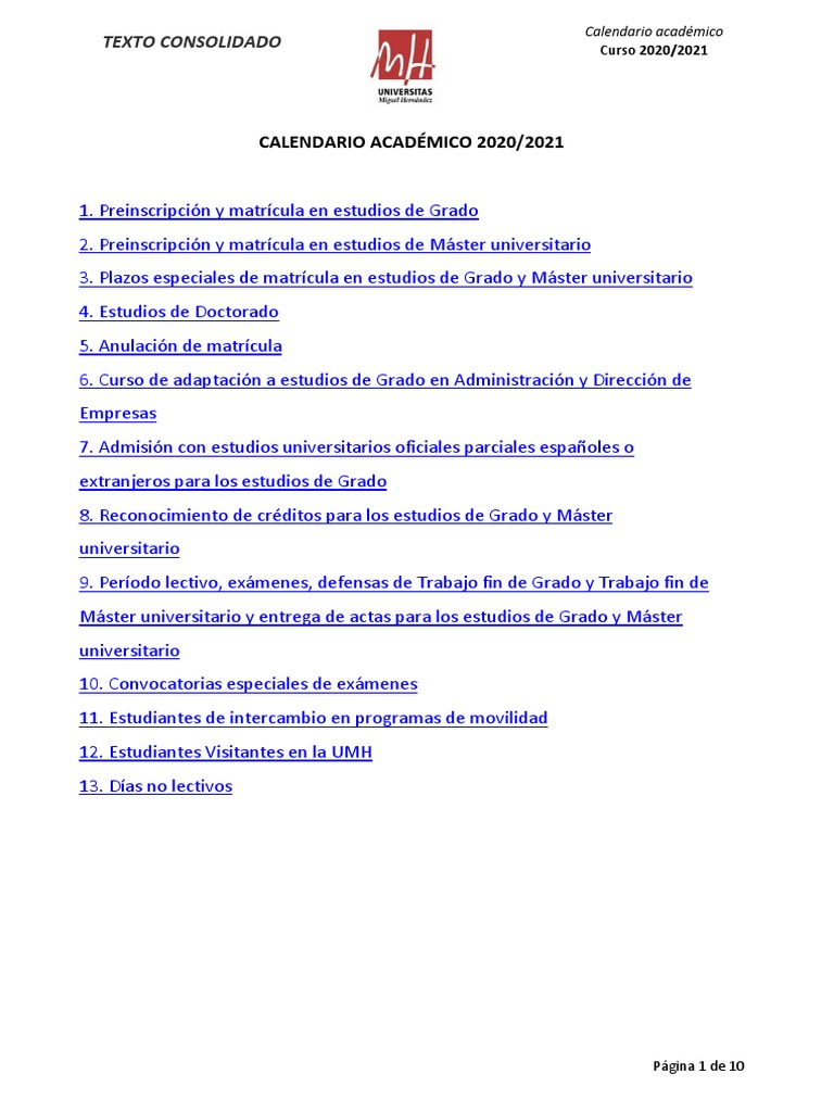 Calendario Académico UMH 2020 2021 Web | PDF | Licenciatura | Educación ...