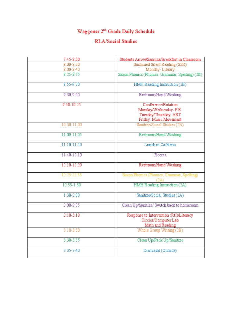Waggoner 2nd Grade Daily Schedule | PDF