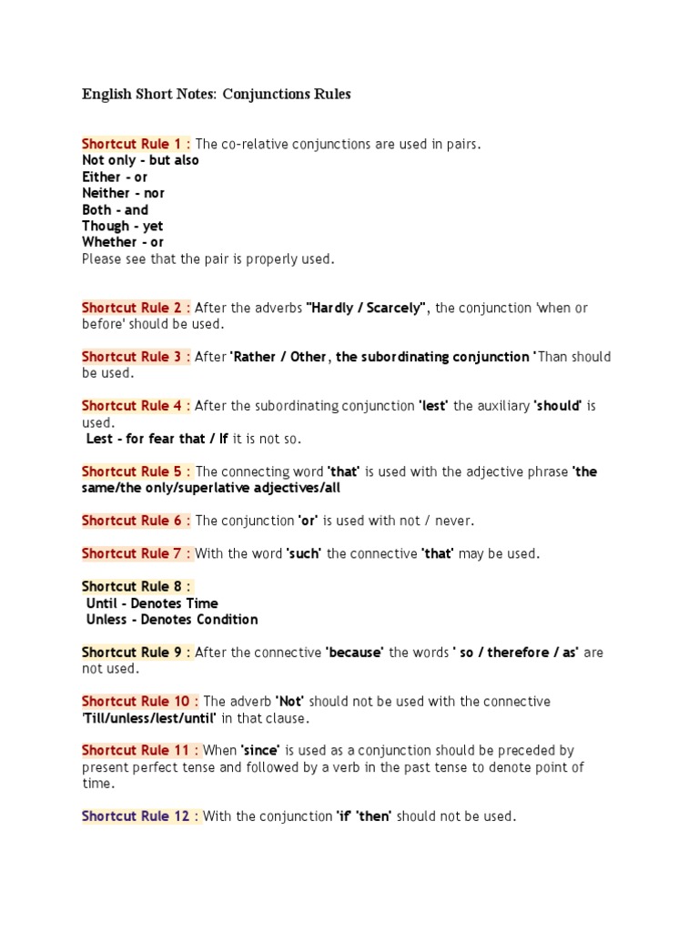 English Short Notes: Conjunctions Rules: Shortcut Rule 1 | Download ...