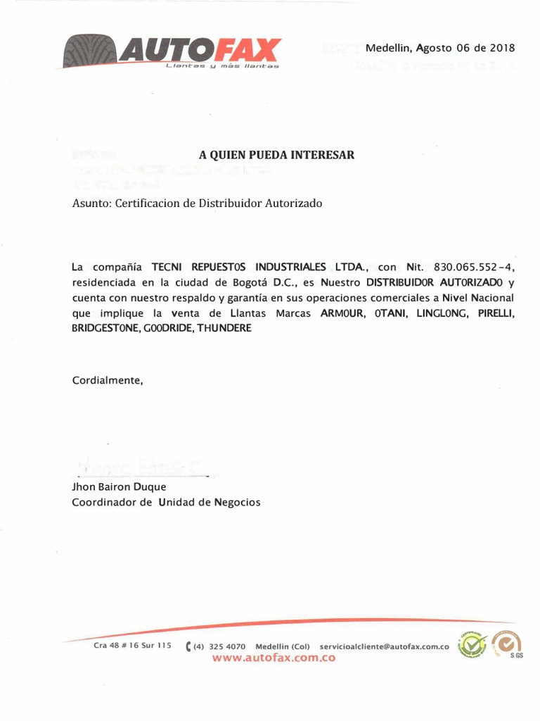 CERTIFICADO DISTRIBUIDOR AUTORIZADO Ok | PDF