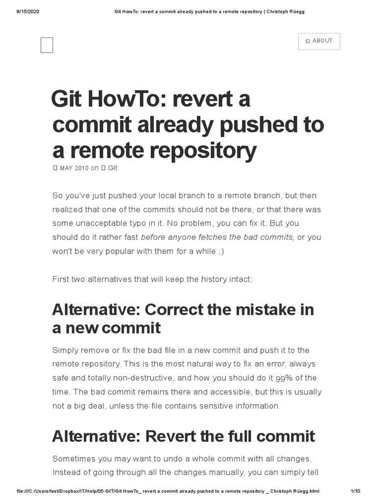 Git Howto Revert A Commit Already Pushed To A Remote Repository Christoph Rüegg Pdf