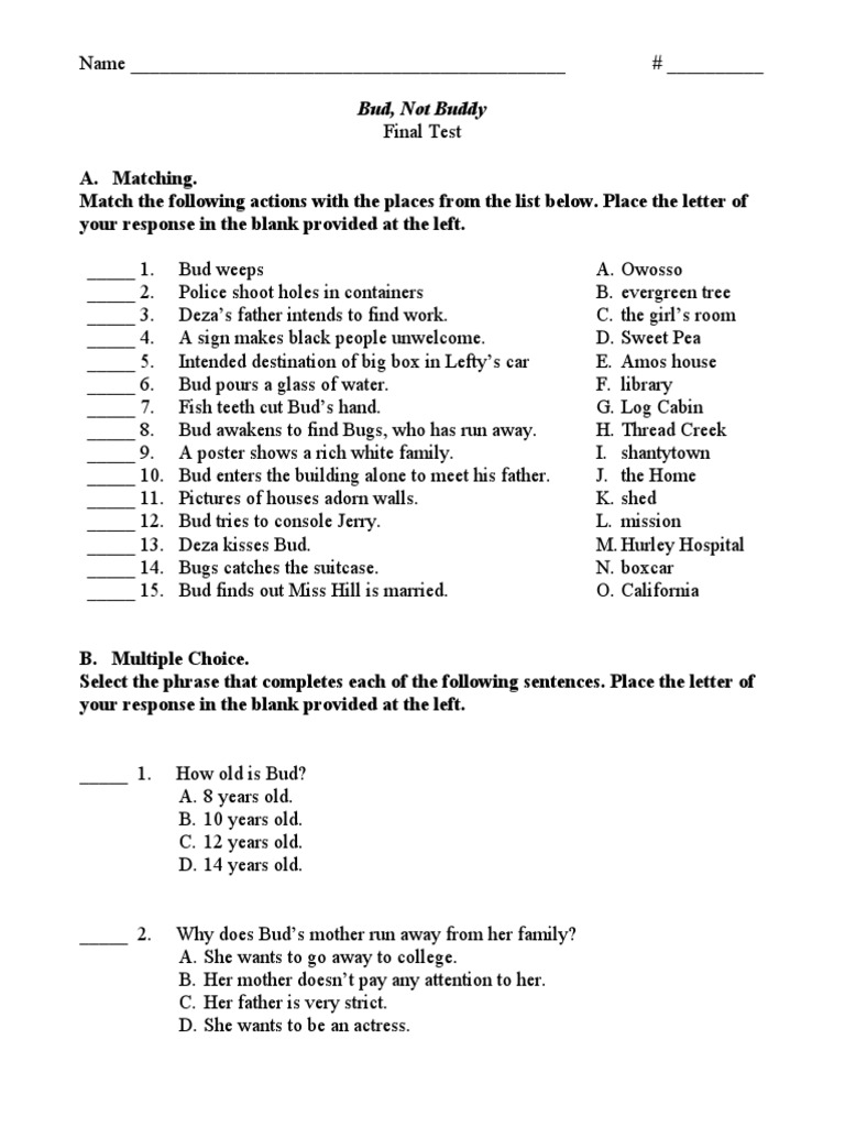 Bud, Not Buddy Final Test | PDF
