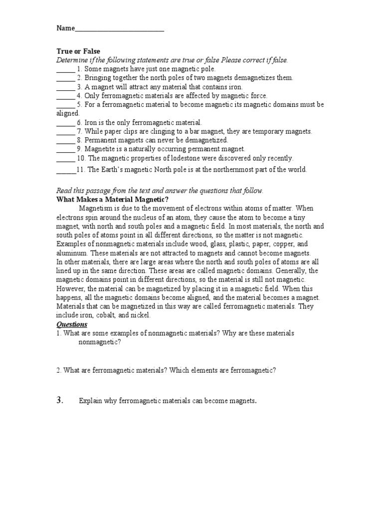 Magnetism Test | PDF | Magnetism | Magnet