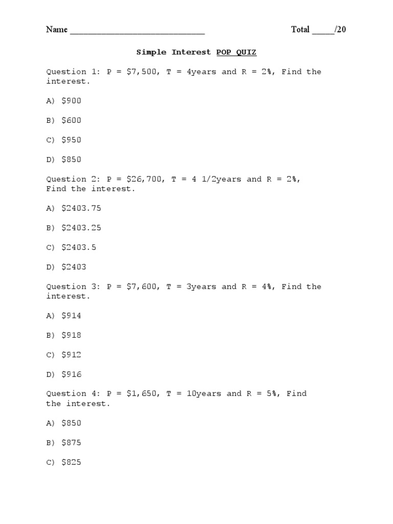 Simple Interest Quiz | PDF