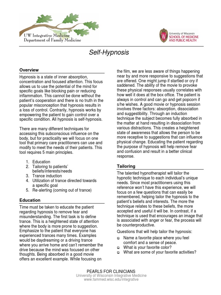 Handout Self Hypnosis Clinician | PDF | Hypnotherapy | Hypnosis