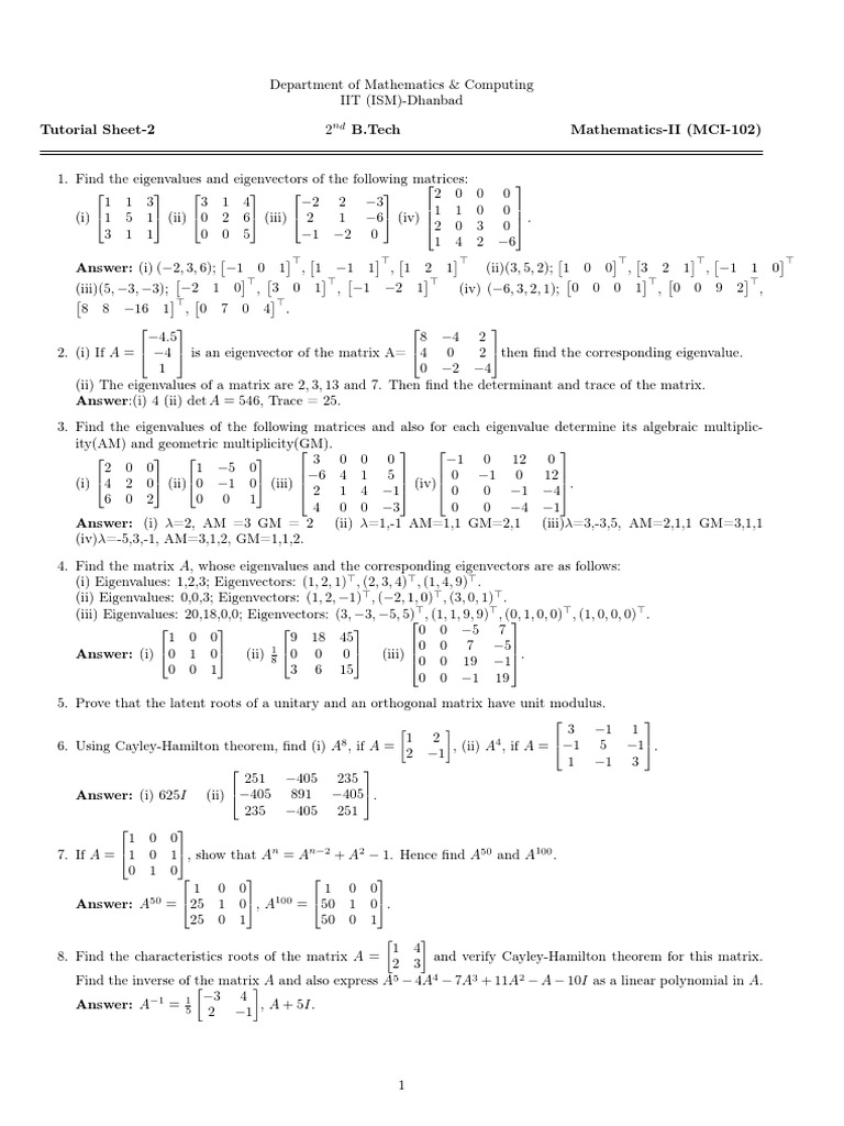 Tutorial Sheet 2 A PDF | PDF | Eigenvalues And Eigenvectors | Functional Analysis