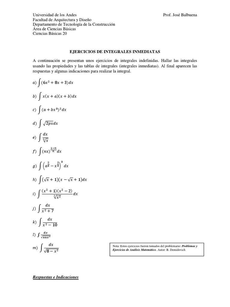 Ejercicios de Integrales Inmediatas PDF | PDF