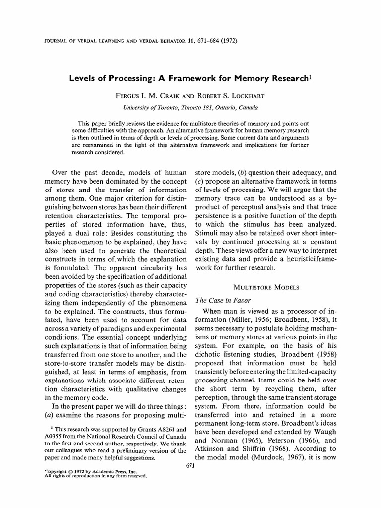 Craik Lockhart 1972 PDF | PDF | Recall (Memory) | Memory