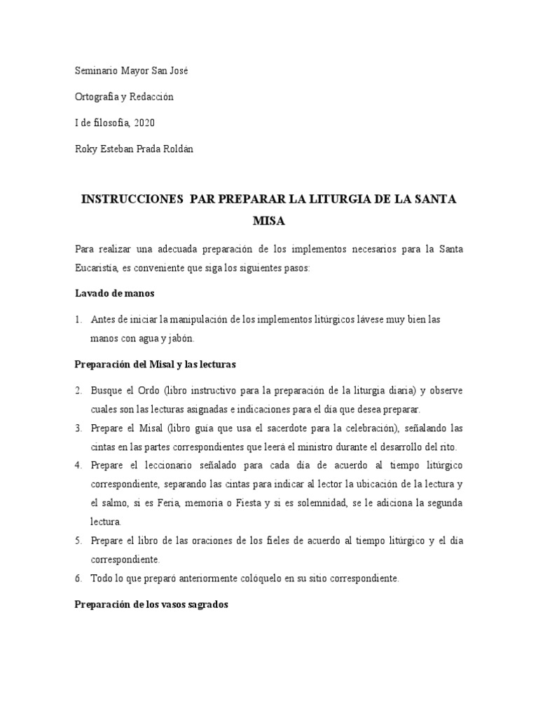 Instrucciones Par Preparar La Liturgia de La Santa Misa | Descargar gratis PDF | Misa (liturgia ...