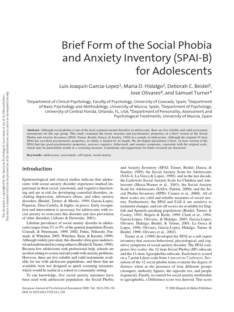 Brief Form of The Social Phobia and Anxiety Inventory (SPAI-B) For ...