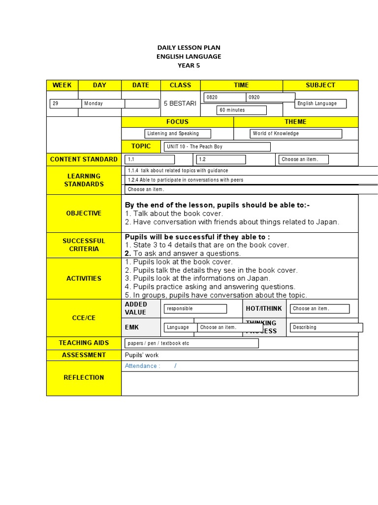 Daily Lesson Plan English Language Year 5: Week DAY Date Class Time ...