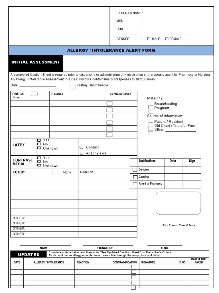Allergy Intolerance Alert Form | PDF | Food Intolerance | Allergy
