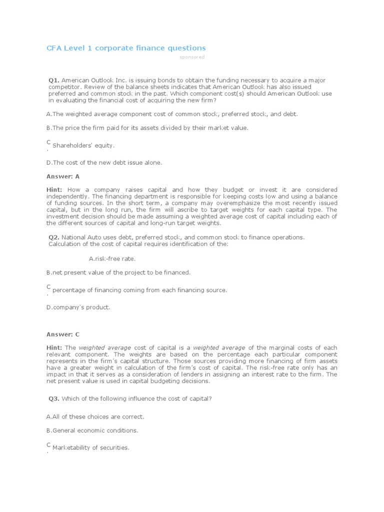 CFA Level 1 Corporate Finance Questions | PDF