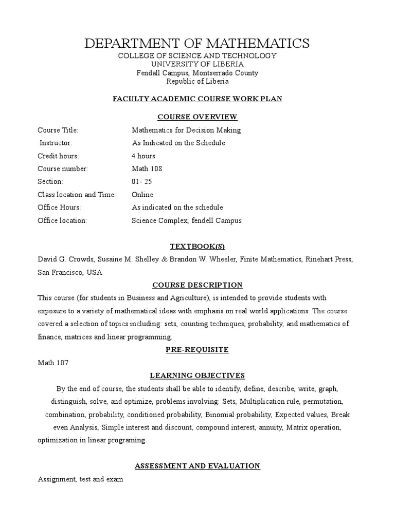 Math 108 Course Syllabus | PDF | Matrix (Mathematics) | Linear Programming