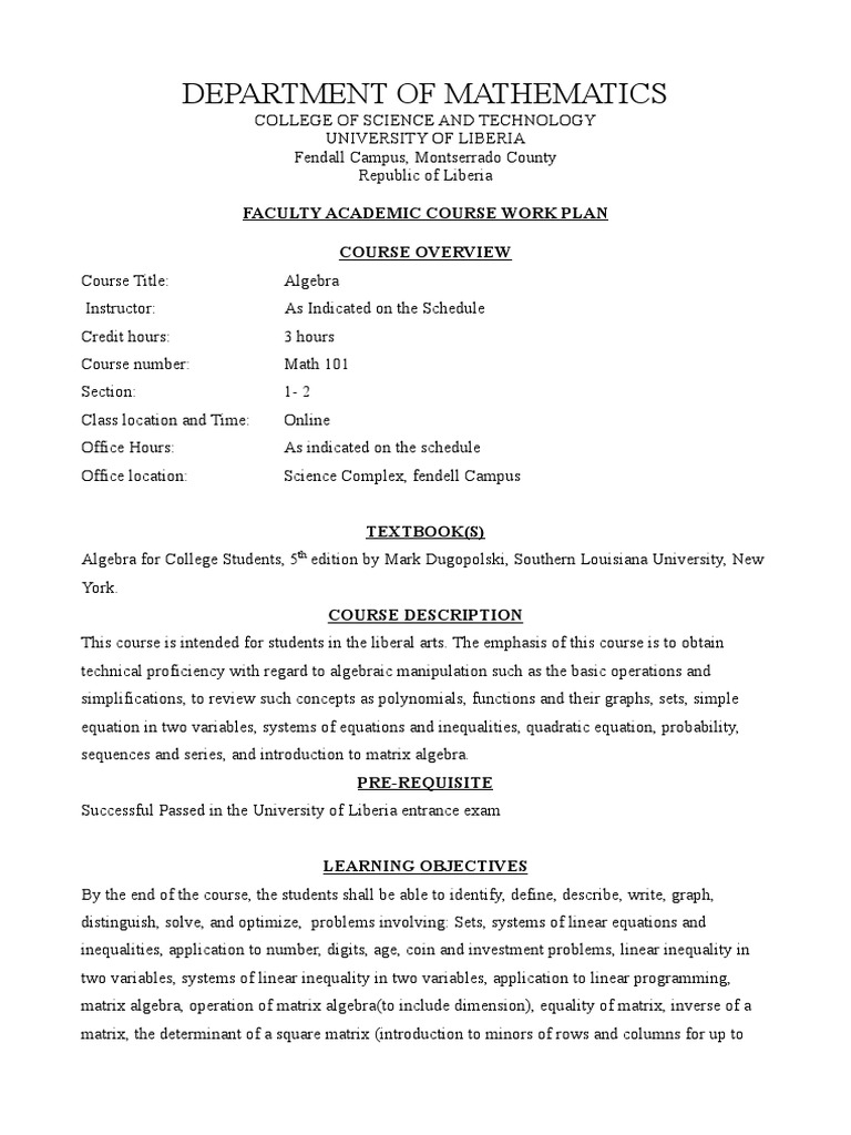 Math 101 Course Syllabus | PDF | Factorization | Matrix (Mathematics)