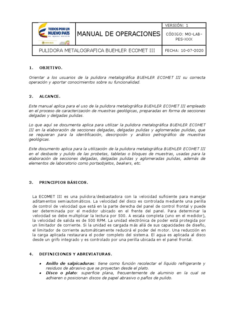 Manual de Operaciónes Pulidora Metalográfica BUEHLER ECOMET III 337-ECH ...
