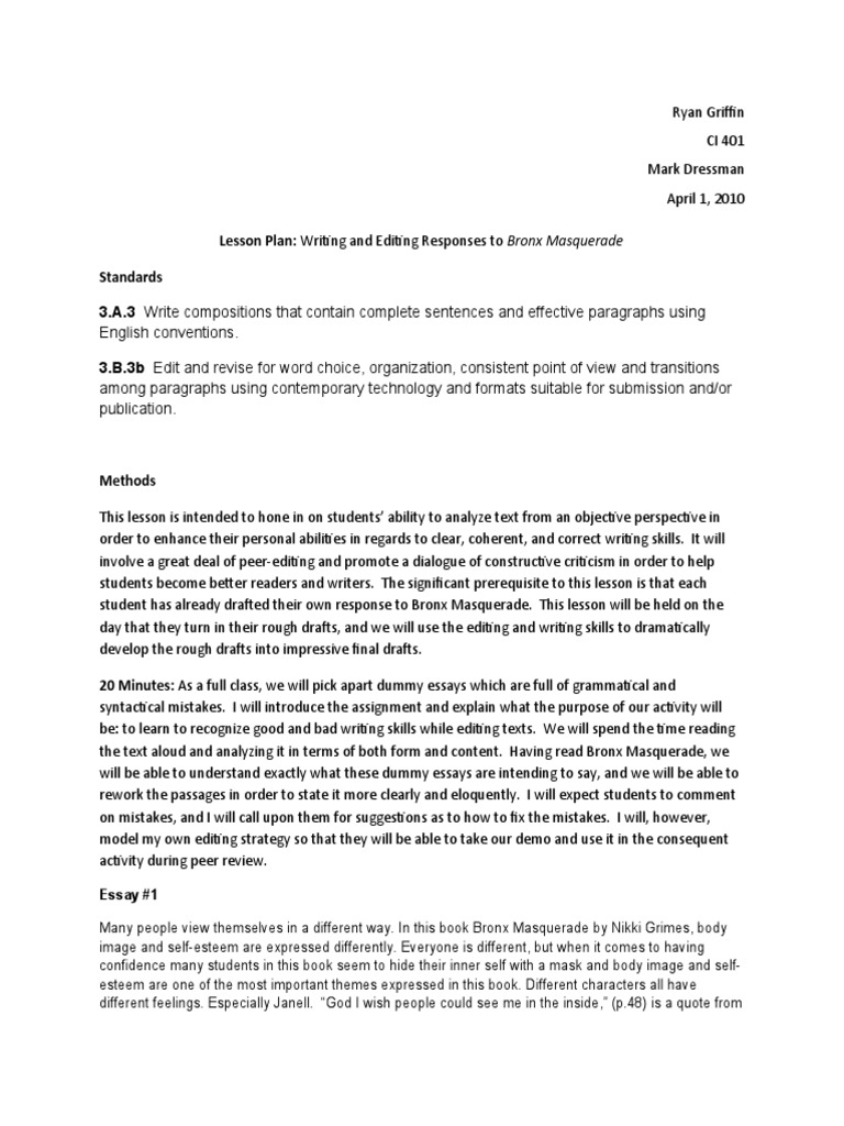 Responding To "Bronx Masquerade" Lesson Plan | Download Free PDF | Self ...