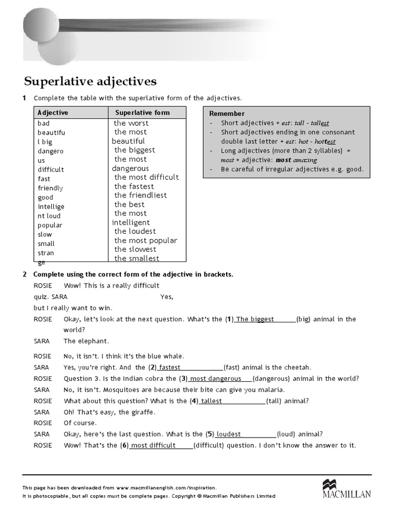 Worksheet 12: Superlative Adjectives | PDF | Linguistics | Grammar