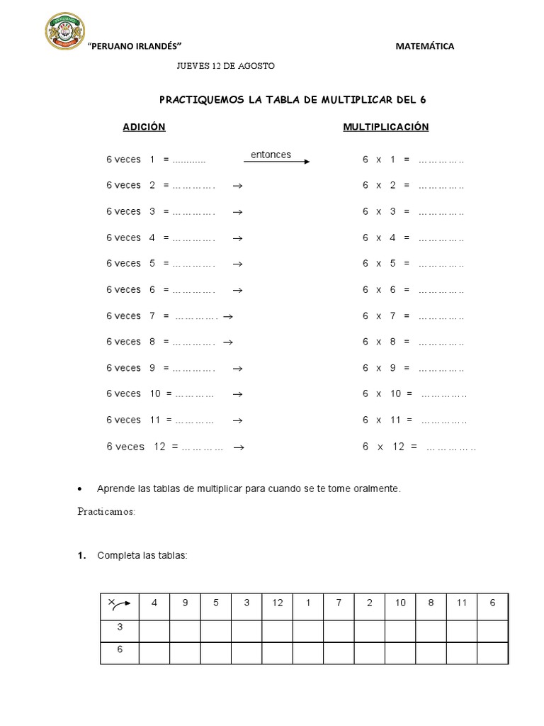 MATEMÁTICAS Practiquemos La Tabla de Multiplicar Del 6 | PDF ...