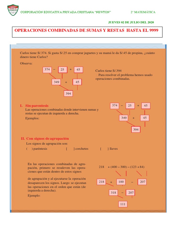 Matematicas 2° Operaciones Combinadas de Sumas y Restas Hasta El 9999 2 ...
