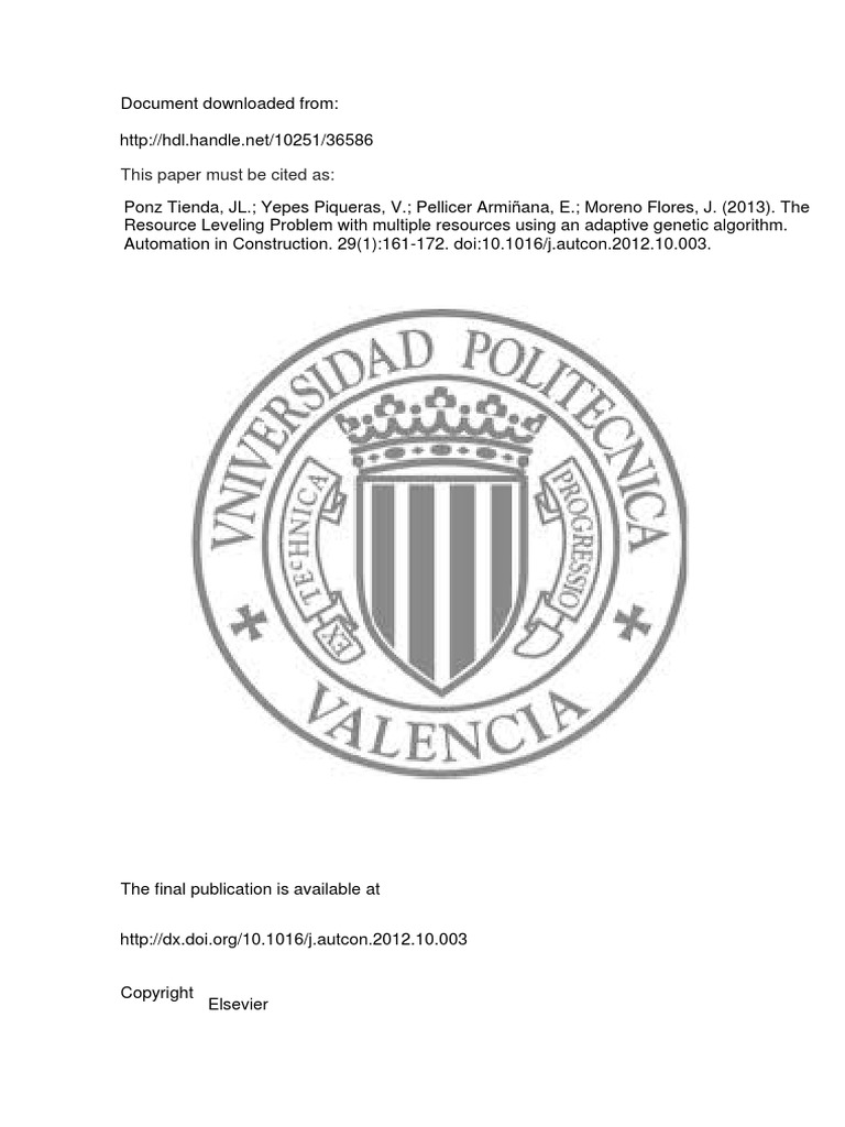 The Resource Leveling Problem With Multiple Resources Using An Adaptive Genetic Algorithm Ponz