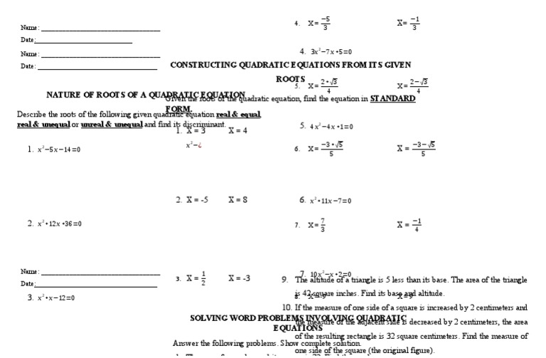 Answer Sheet (Quadratic Equations) | PDF | Quadratic Equation | Area