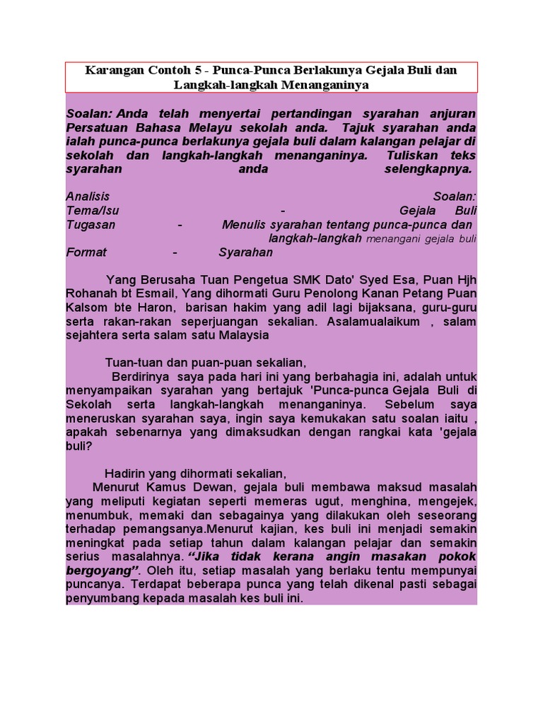 Karangan Contoh 5 - Punca-Punca Berlakunya Gejala Buli | PDF