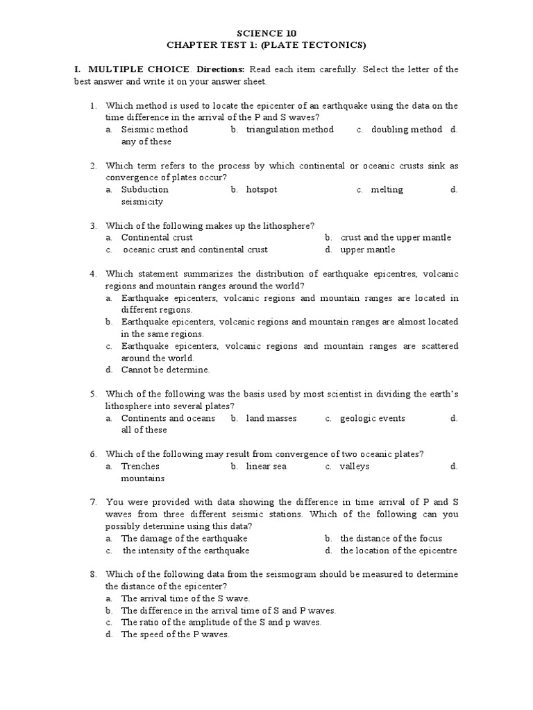 Science 10 Chapter Test 1: (Plate Tectonics) I. MULTIPLE CHOICE ...