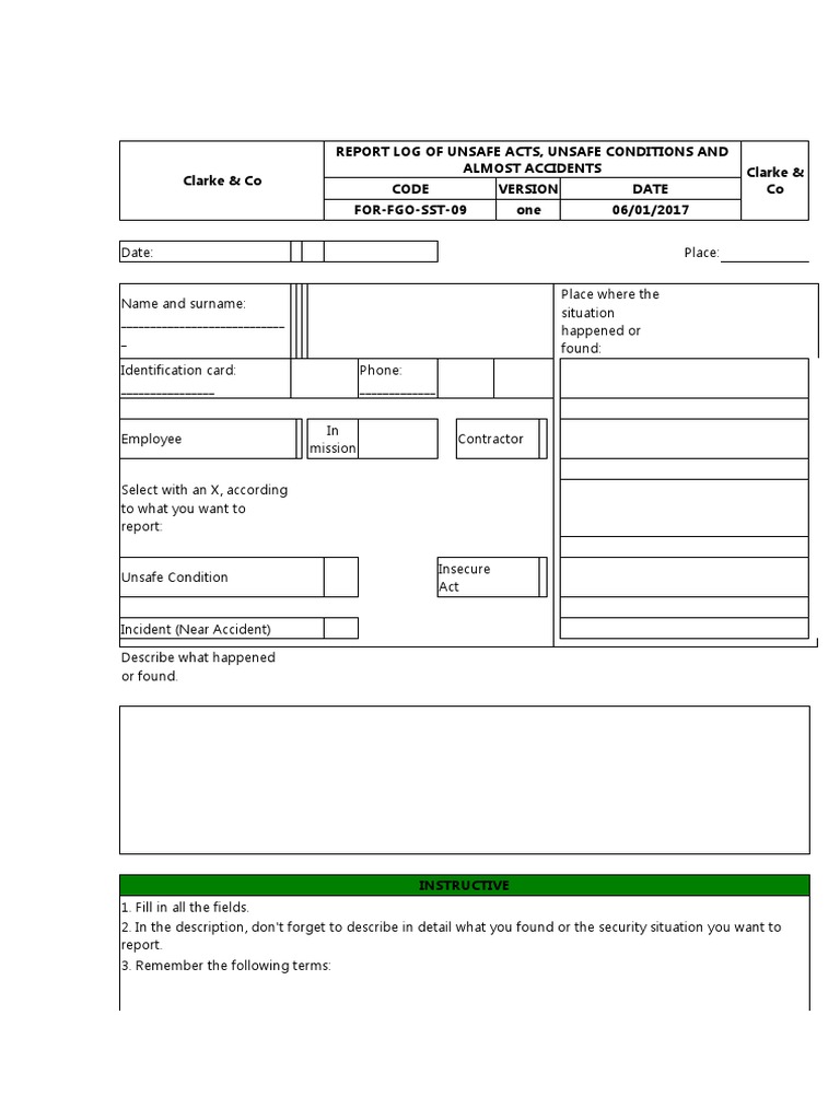 Report Log of Unsafe Acts, Unsafe Conditions and Almost Accidents ...