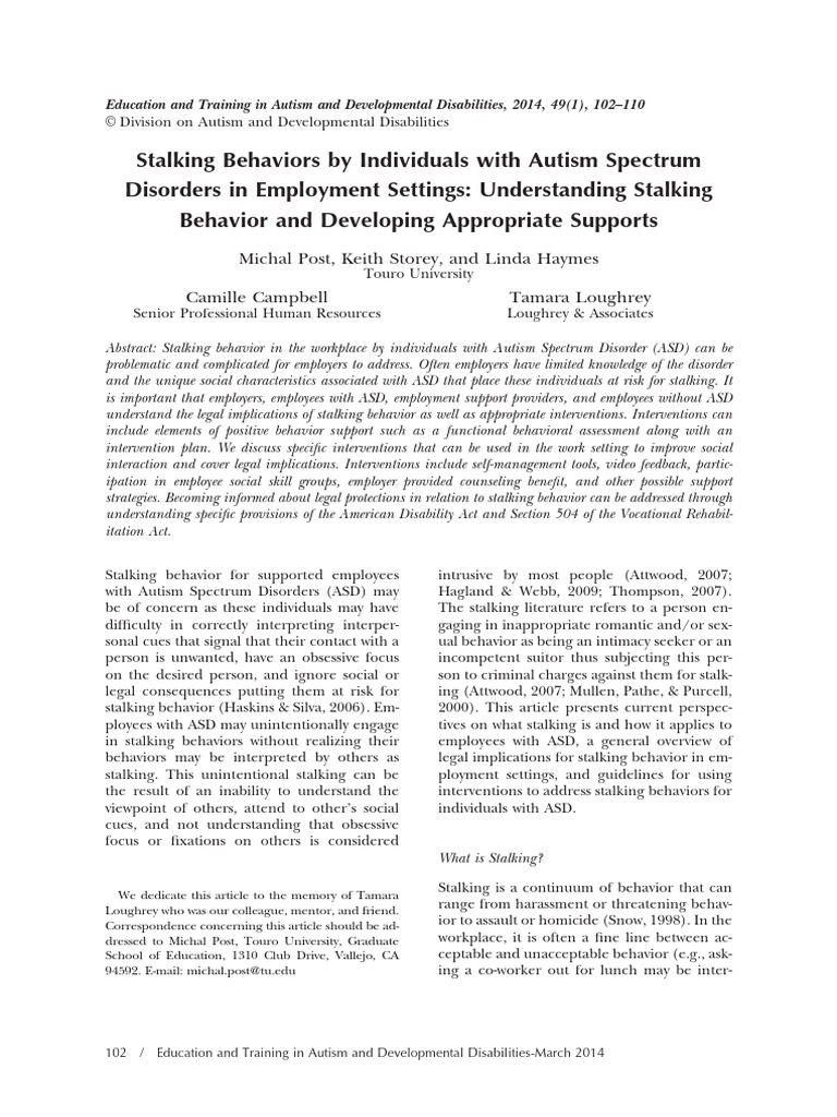 Stalking Behaviors by Individuals With A PDF | PDF | Stalking | Autism ...