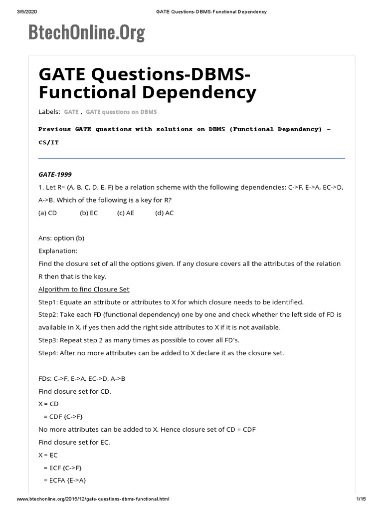 GATE Questions-DBMS-Functional Dependencyas 1 | PDF | Information ...