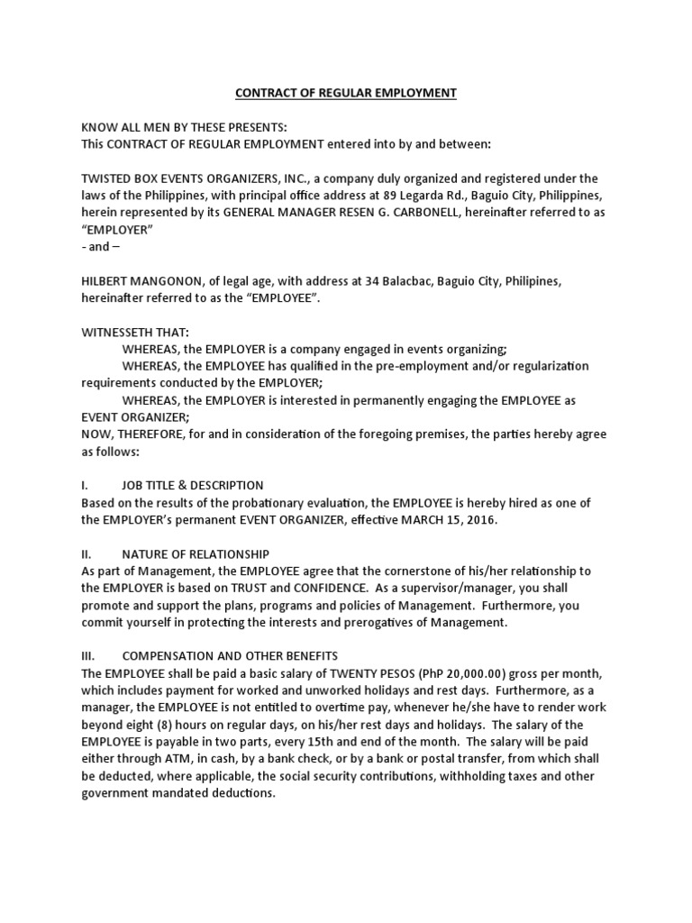 Contract of Regular Employment Sample | PDF | Overtime | Employment