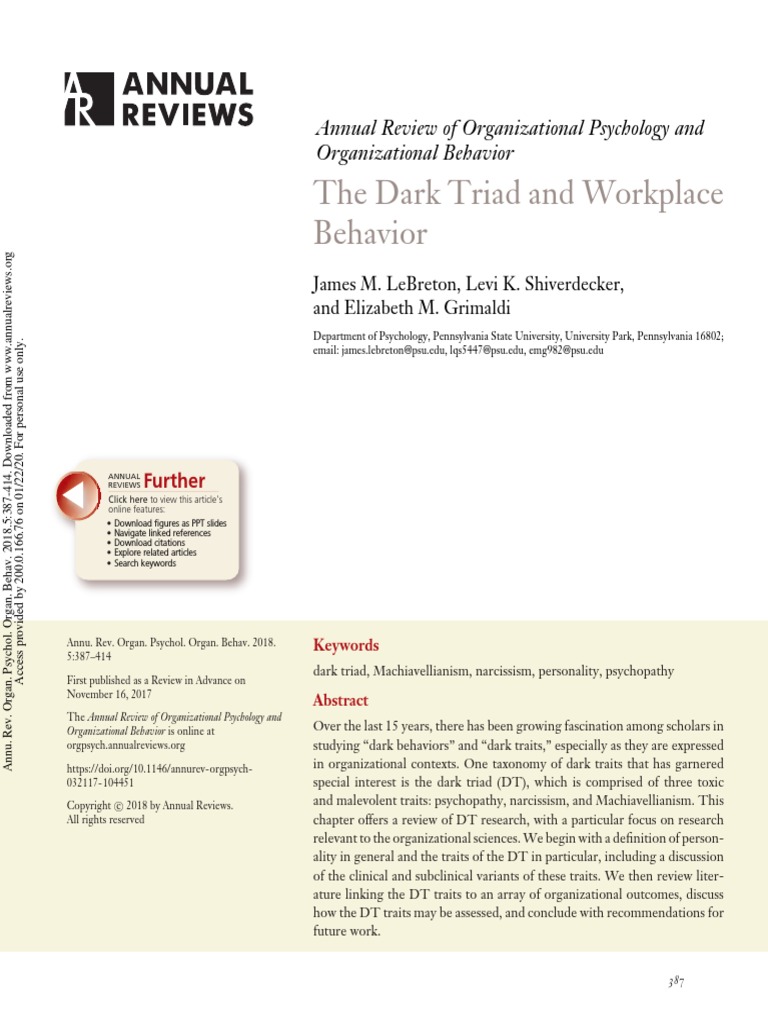 The Dark Triad and Workplace Behavior | PDF | Narcissism | Dark Triad