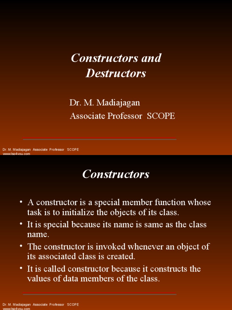 Constructors and Destructors: Dr. M. Madiajagan Associate Professor SCOPE | PDF | Constructor ...