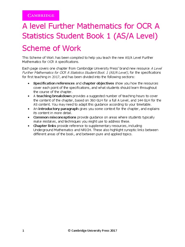 A Level Further Mathematics For OCR A Statistics Student Book 1 (AS/A Level) Scheme of Work ...