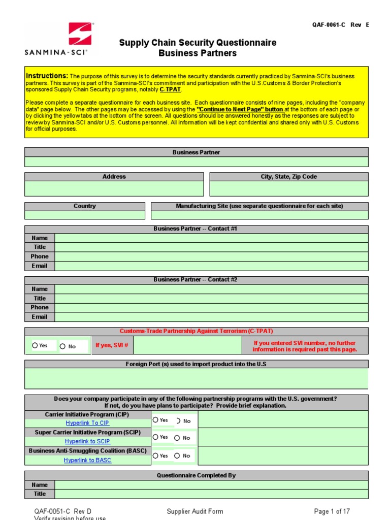 Supply Chain Security Questionnaire Business Partners: Instructions ...