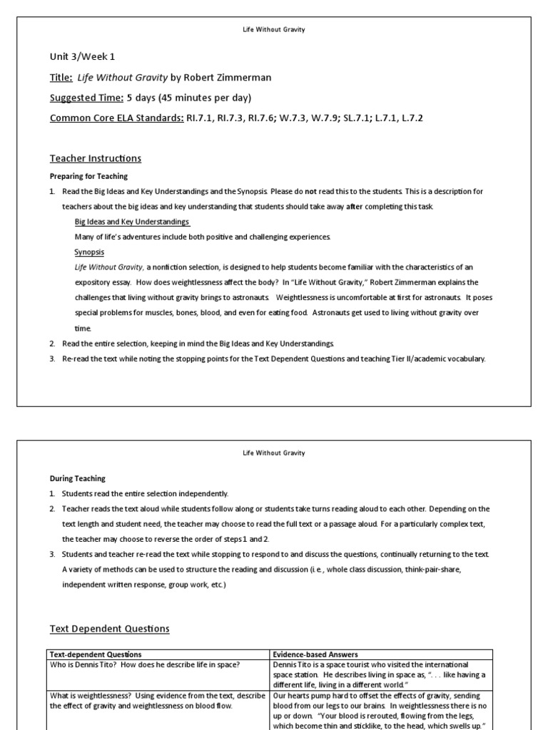 Life Without Gravity. Lesson - Story | PDF | Weightlessness | Nature