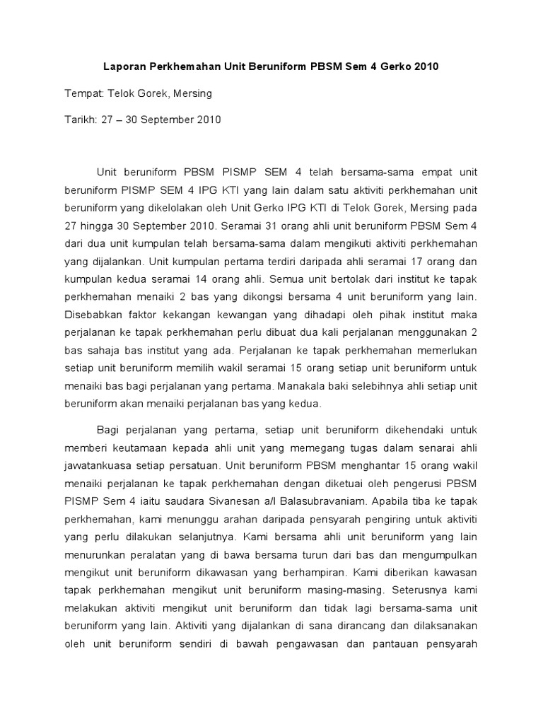 Laporan Perkhemahan Unit Beruniform PBSM Sem 4 Gerko 2010 | PDF