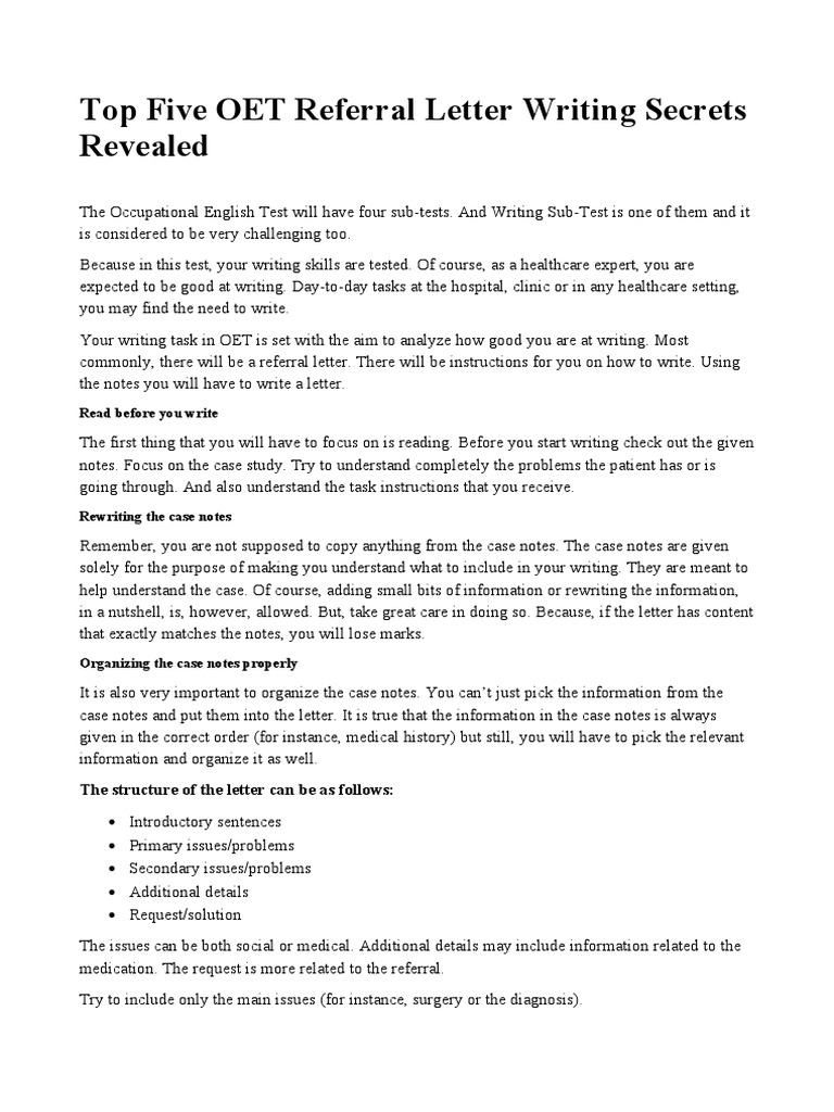 Top Five OET Referral Letter Writing Secrets Revealed: Read Before You ...