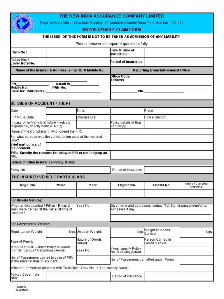 The New India Assurance Company Limited: Please Answer All Required ...